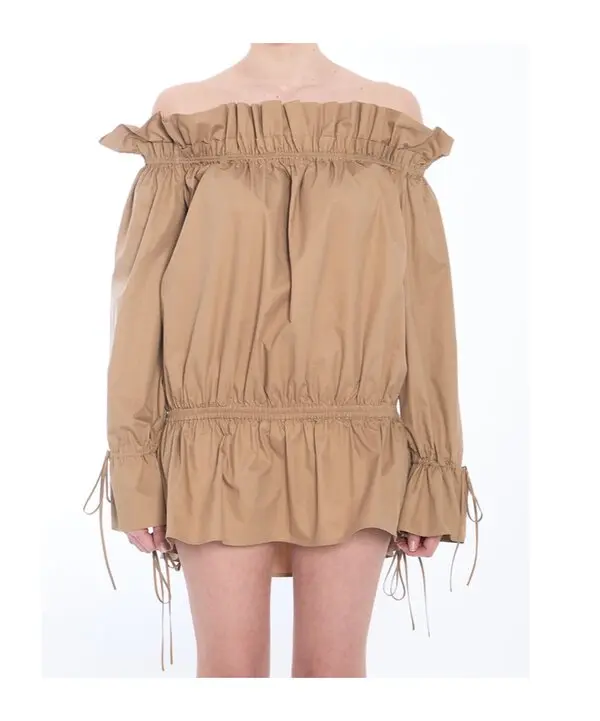 Saint Laurent Gathered Off-shoulder Mini Dress - Beige