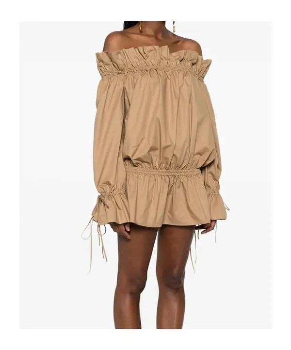 Saint Laurent Gathered Off-shoulder Mini Dress - Beige
