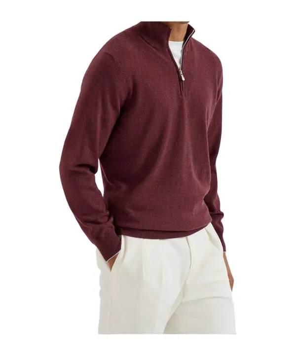 Brunello Cucinelli Funnel-neck Zip-up Knit Polo - Amaranth