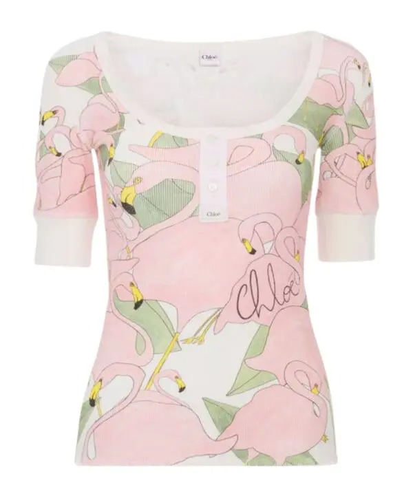 Chloé Flamingo Print Henley Shirt - Pink