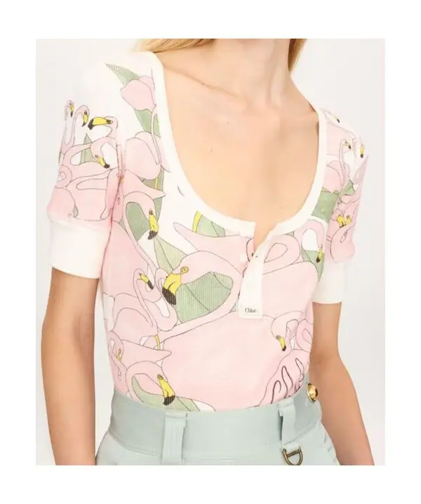 Chloé Flamingo Print Henley Shirt - Pink