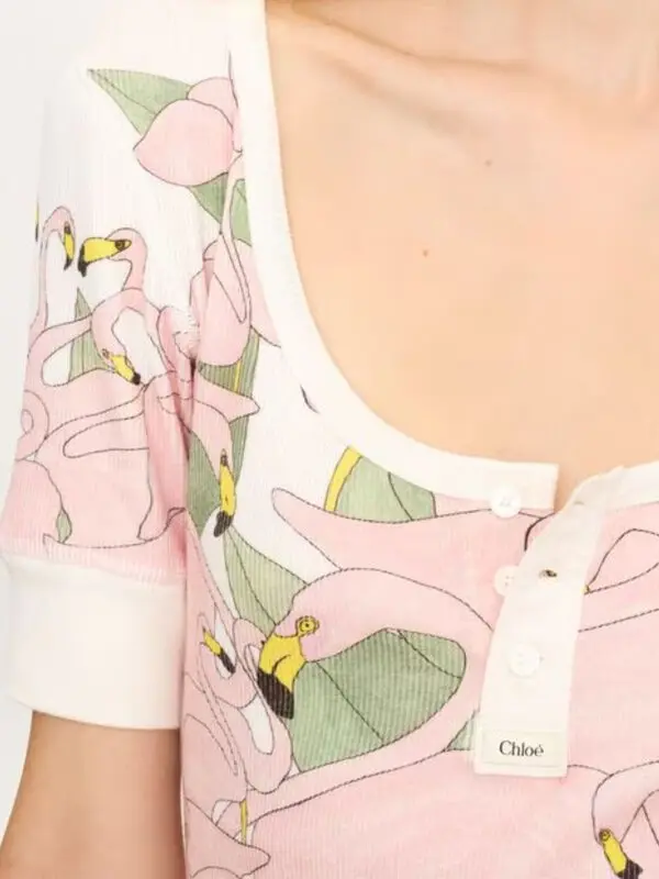 Chloé Flamingo Print Henley Shirt - Pink