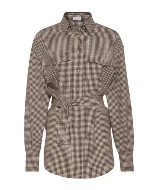 Brunello Cucinelli Long Sleeve Check Shirt With Tie Detail - Gray