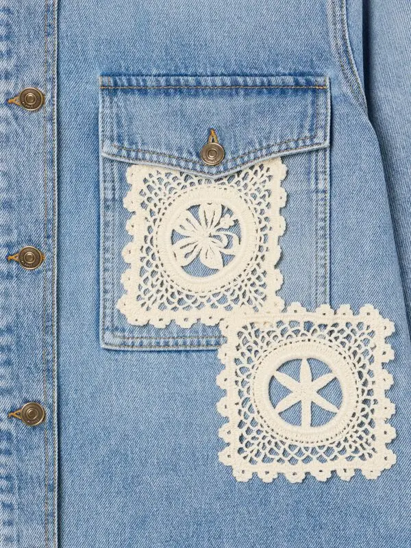 Alanui Islands Diary Denim Overshirt With Lace Appliqu