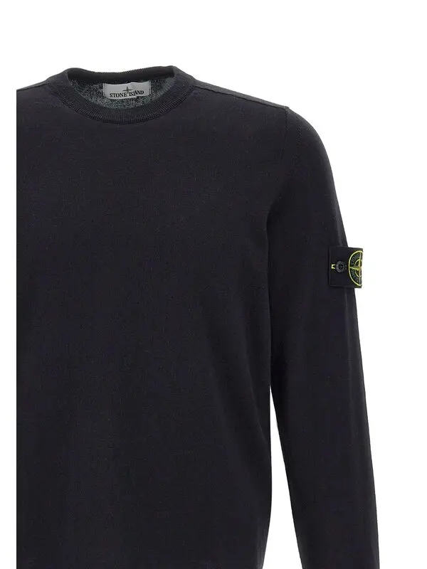 Stone Island Logo Patch Crew Neck Knitted Sweater - Blue