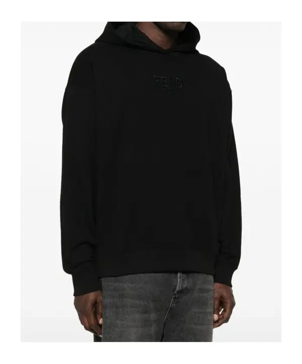 Fendi Logo Embroidered Long Sleeved Hoodie - Black