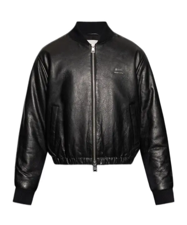 Ami Logo-plaque Zipped Leather Jacket - Black