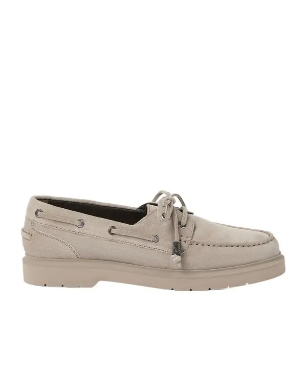 Brunello Cucinelli Suede Monili Chain Slip-on Boat Shoes - Light Gray
