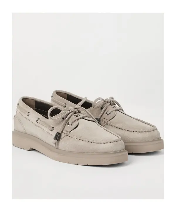 Brunello Cucinelli Suede Monili Chain Slip-on Boat Shoes - Light Gray