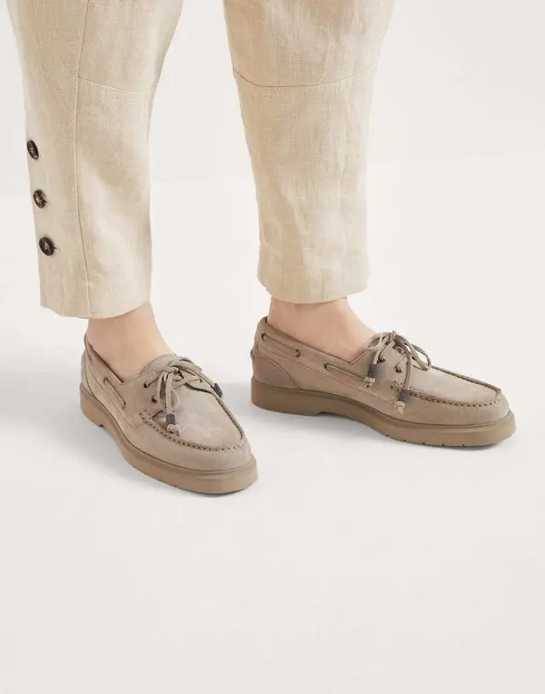 Brunello Cucinelli Suede Monili Chain Slip-on Boat Shoes - Light Gray