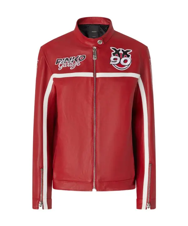 Pinko Logo Patch Zipped Leather Jacket - Red