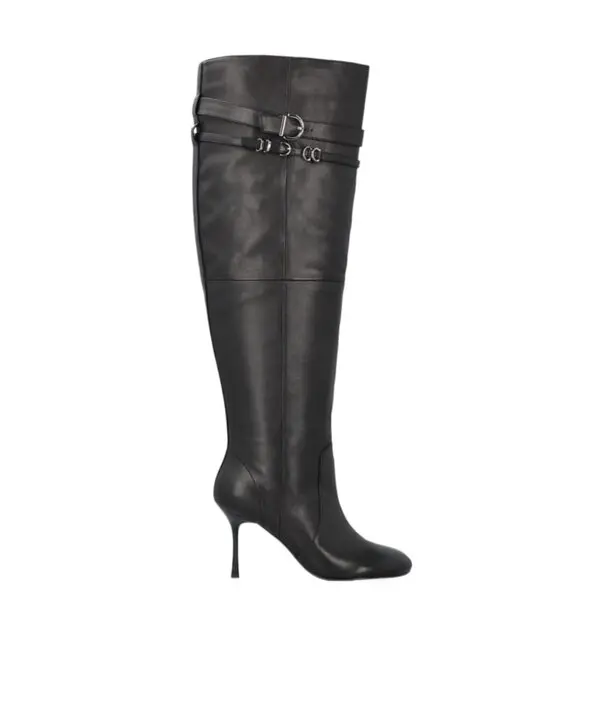 Pinko Leather Knee-high Stiletto Boots With Buckle Detail - Black