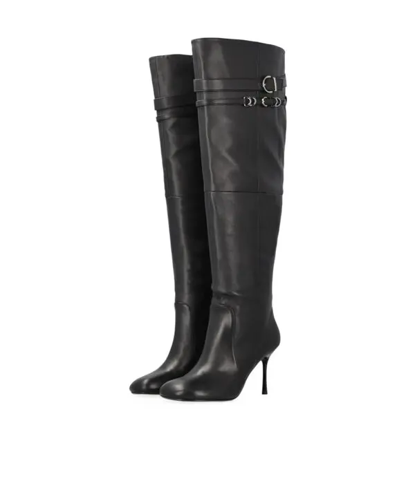 Pinko Leather Knee-high Stiletto Boots With Buckle Detail