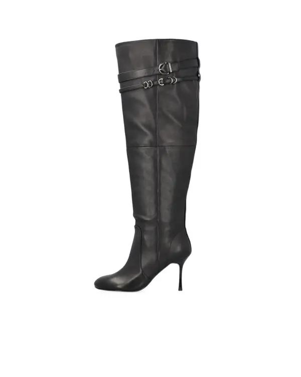Pinko Leather Knee-high Stiletto Boots With Buckle Detail