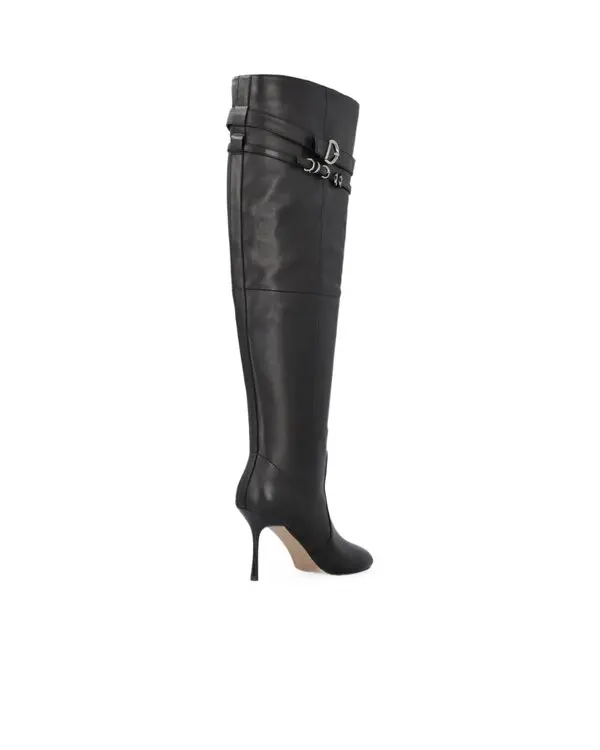 Pinko Leather Knee-high Stiletto Boots With Buckle Detail