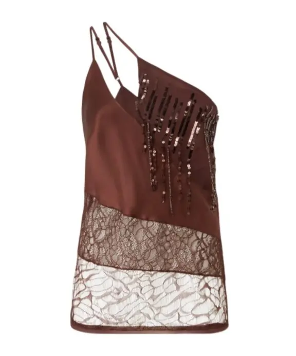 Pinko One-shoulder Sequin Embellished Lace Top - Earth Brown