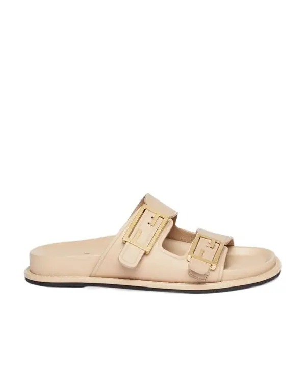 Fendi Beige Leather Ff Baguette Buckle Slides - Light Brown