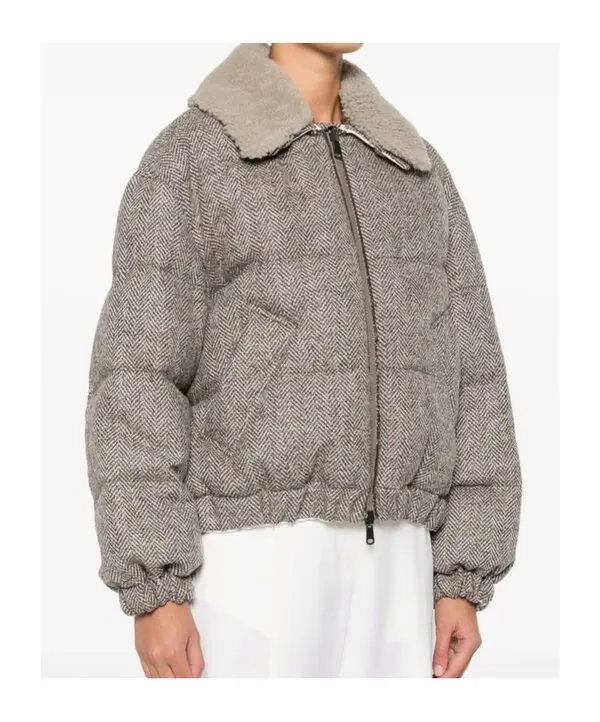 Brunello Cucinelli Quilted Herringbone Zip-up Jacket With Shearling Collar - Gray