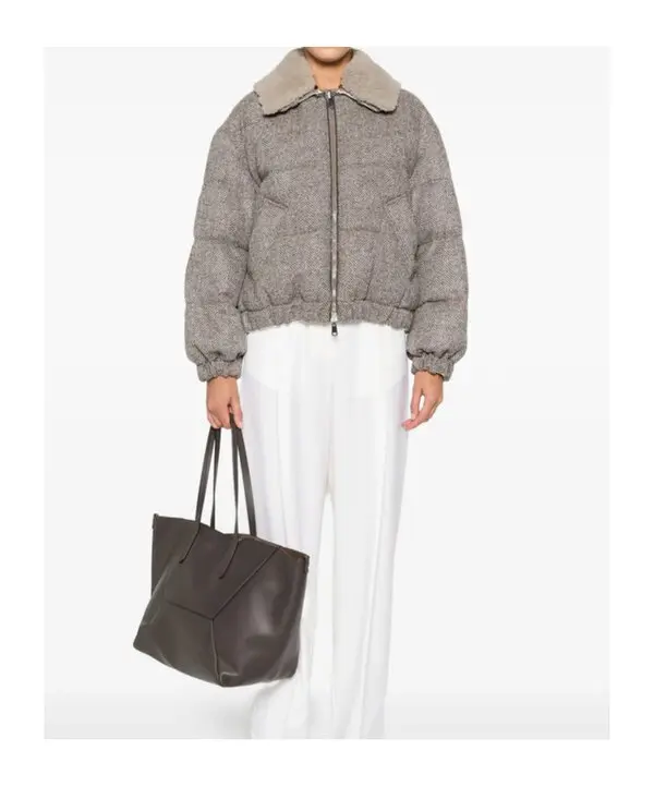 Brunello Cucinelli Quilted Herringbone Zip-up Jacket With Shearling Collar - Gray