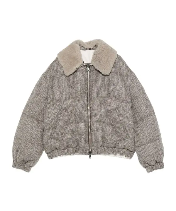 Brunello Cucinelli Quilted Herringbone Zip-up Jacket With Shearling Collar - No