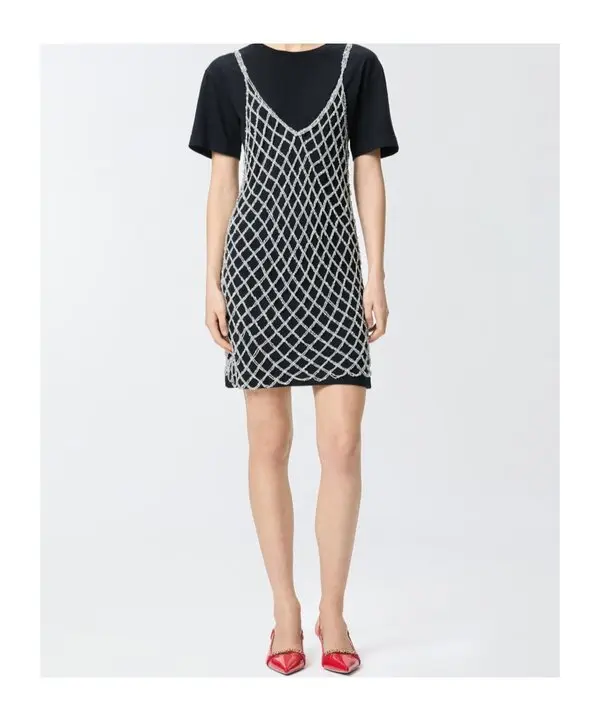 Pinko Sequin Embellished Crochet Mesh T-shirt Dress