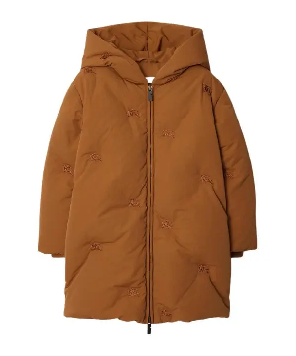 Burberry Long Sleeve Hooded Down Jacket With Equestrian Rider Logo Embroidery