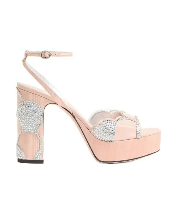 Valentino Garavani Bowow Platform Sandal In Moiré Fabric With Crystals 115mm - Nude
