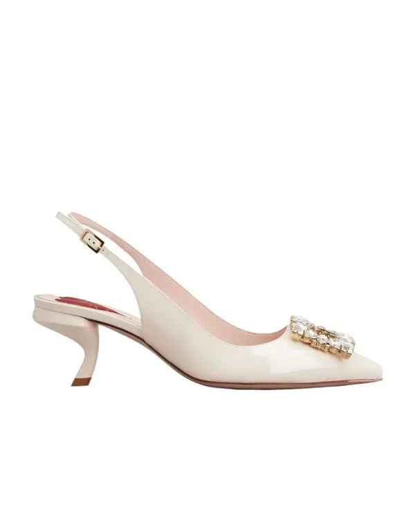 ROGER VIVIER Virgule Strass Buckle Slingback Pumps In Patent Leather - Cream