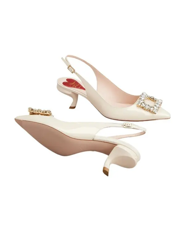 ROGER VIVIER Virgule Strass Buckle Slingback Pumps In Patent Leather - Cream