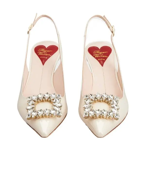 ROGER VIVIER Virgule Strass Buckle Slingback Pumps In Patent Leather - Cream