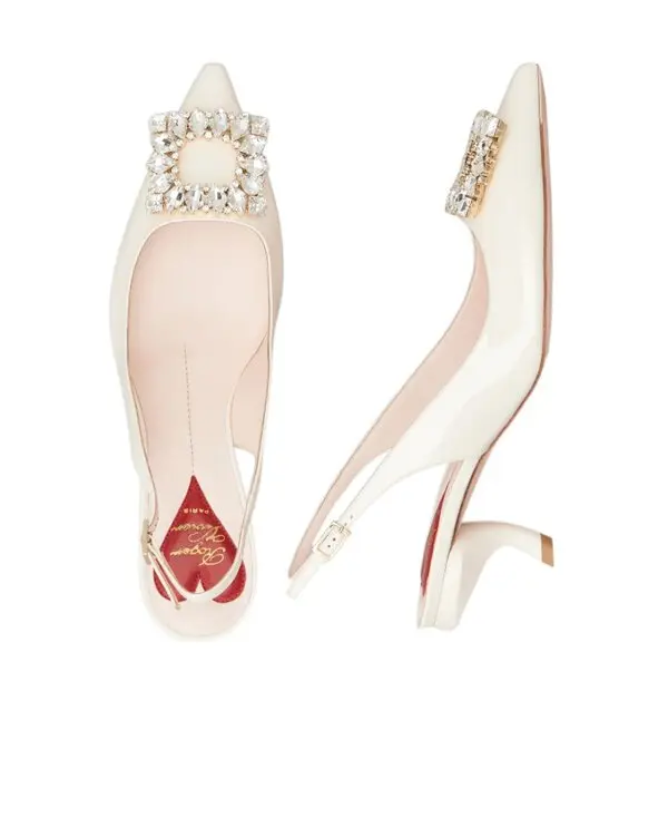 ROGER VIVIER Virgule Strass Buckle Slingback Pumps In Patent Leather - Cream