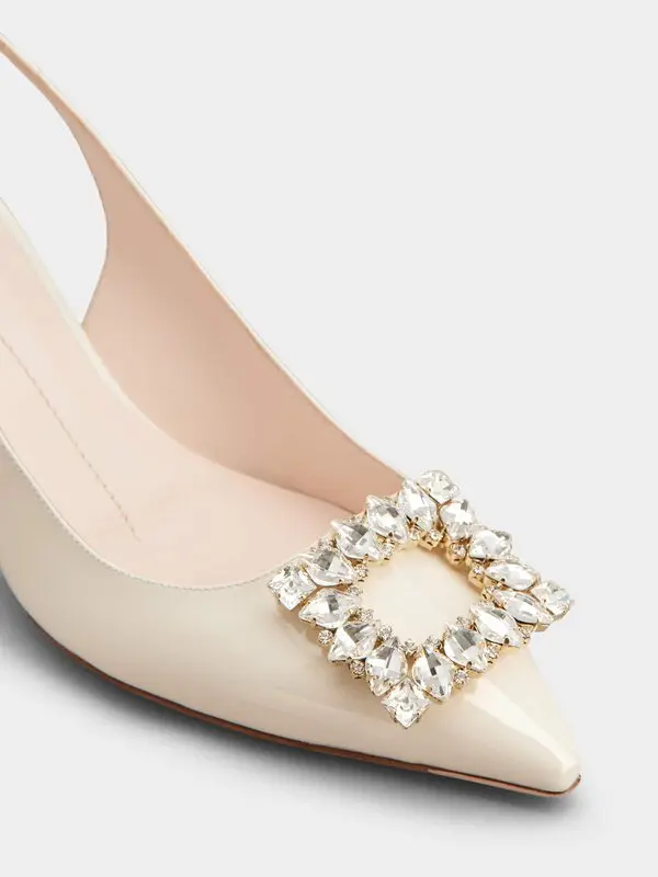 ROGER VIVIER Virgule Strass Buckle Slingback Pumps In Patent Leather - Cream
