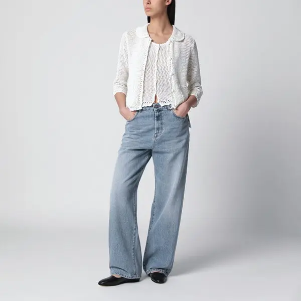 DUNST Crochet Collared Cropped Cardigan - Ivory