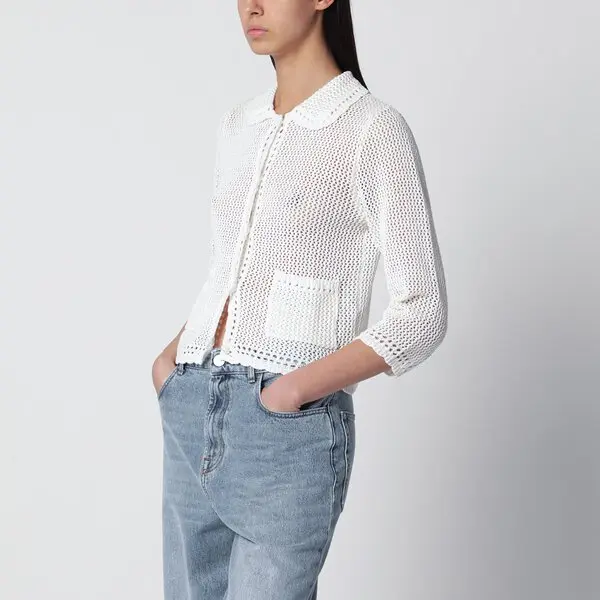 DUNST Crochet Collared Cropped Cardigan - Ivory