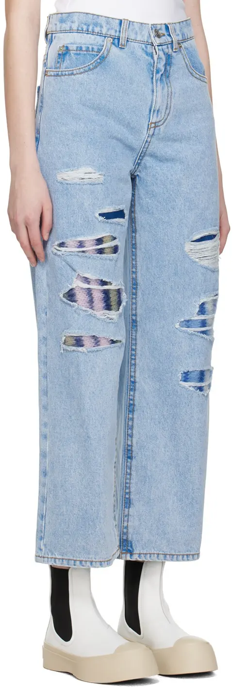 Marni Wide-leg Distressed Light Wash Denim Trousers With Mohair Detailing