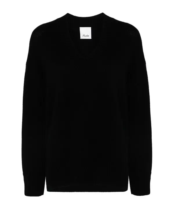 ALLUDE V-neck Long Sleeve Sweater - Black
