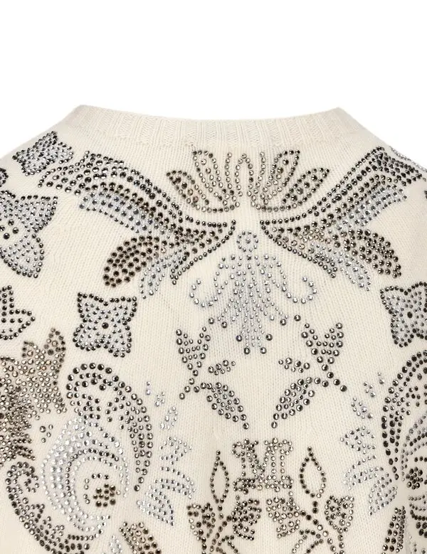 Max Mara Freshly Cut Wool Cashmere Round Neck Sweater With Rhinestones