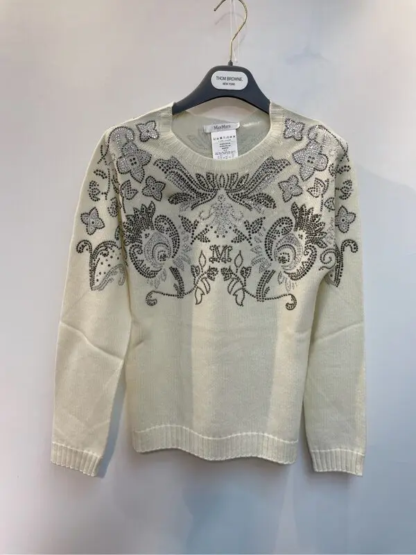 Max Mara Freshly Cut Wool Cashmere Round Neck Sweater With Rhinestones