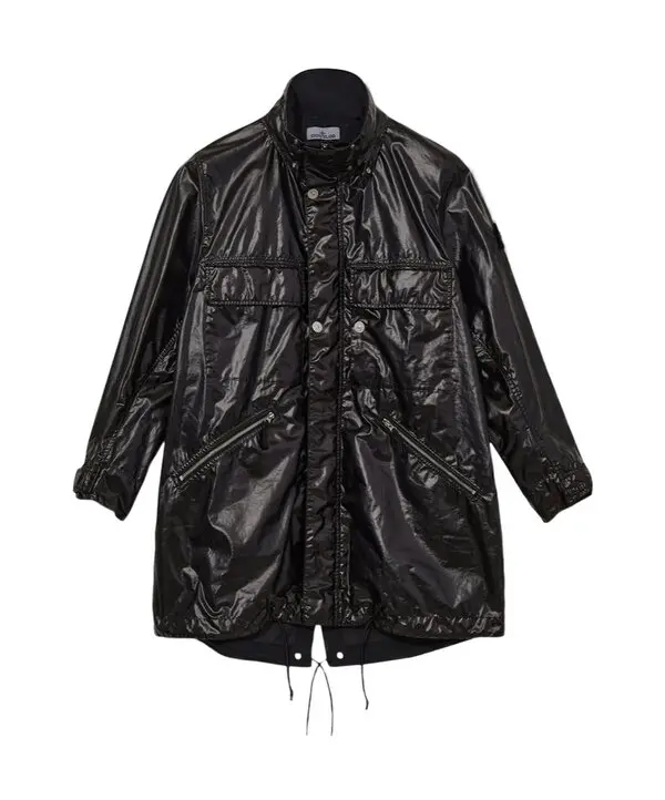 Stone Island Long Sleeve Jacket With Hidden Hood And Drawstring Hem - Black