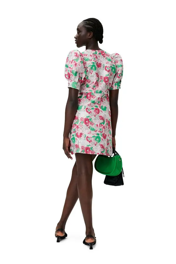 GANNI Floral Jacquard V-neck Mini Dress - Pink