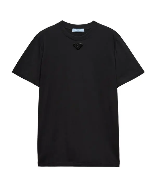 Prada Jersey T-shirt With Embroidered Triangle Detail - Black