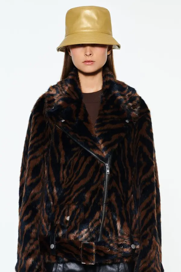 STAND STUDIO Animal Print Faux Fur Biker Jacket