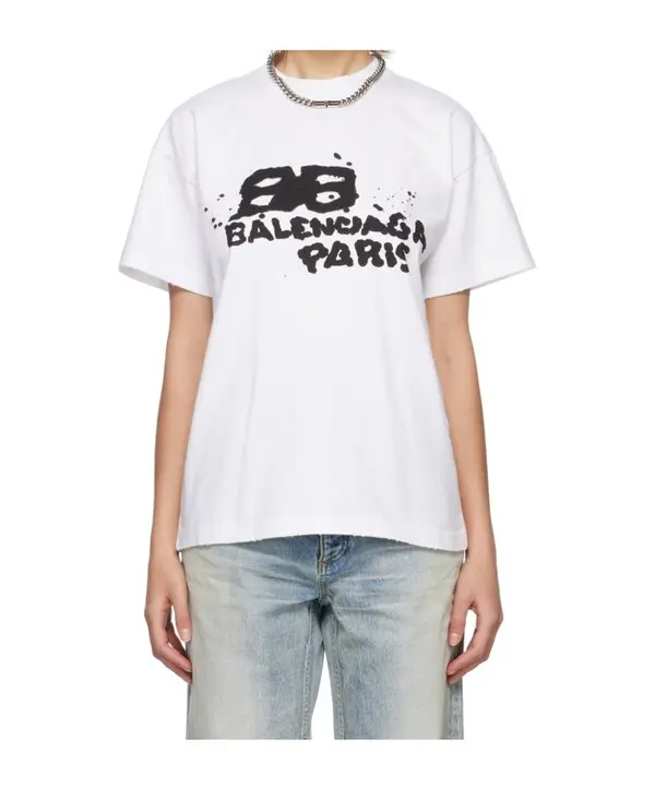 Balenciaga T-shirt Hand Drawn Bb Icon Medium Fit In Bianco