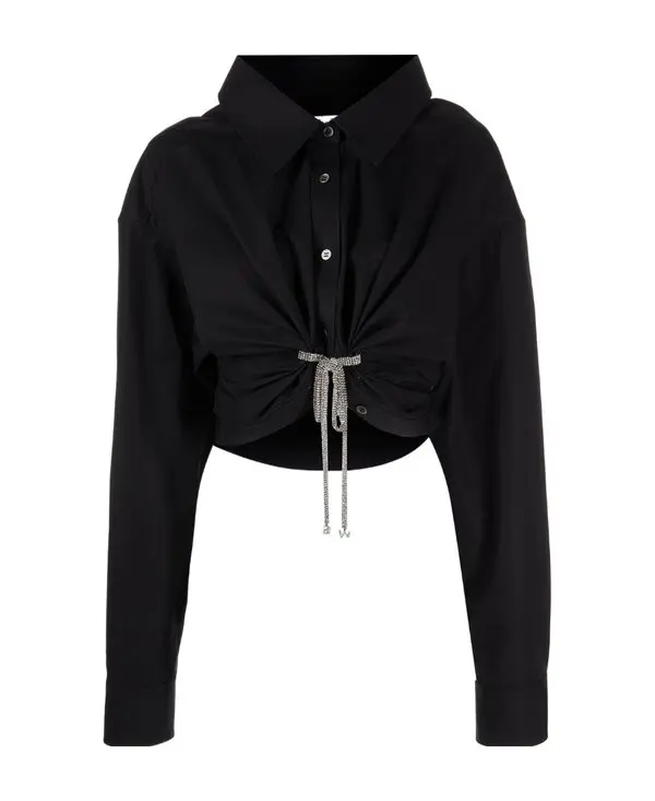 Alexander Wang Cropped Cotton Shirt With Crystal Lace Detail - Black