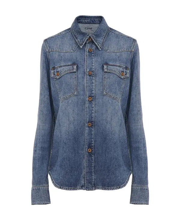 Chloé Long-sleeved Denim Shirt With Embroidered Logo - Blue
