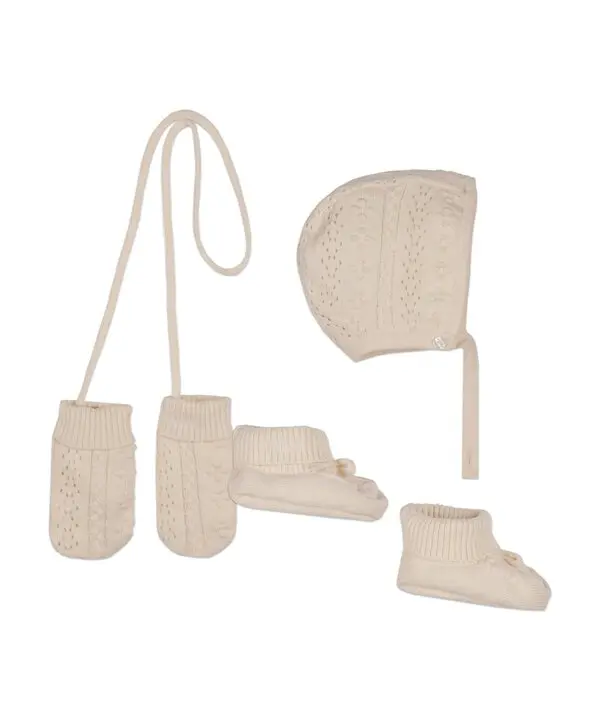 Chloé Knitted Hat, Booties, And Mittens Set With Bow Detail - Light Beige