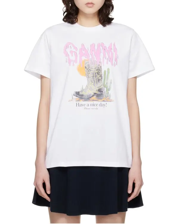 GANNI Western Boot Printed Crewneck T-shirt - White