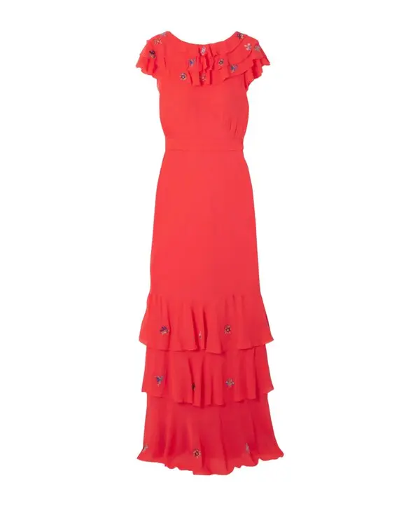 Rixo Round Neck Dress With Ruffled Trim - Red