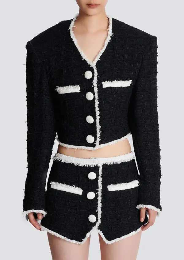 Balmain Cropped Tweed Jacket With Contrasting Trim
