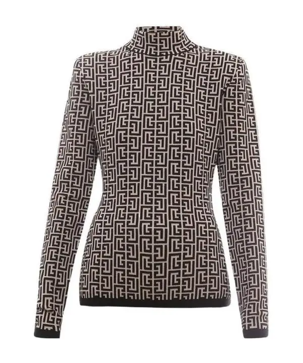Balmain Monogram Jacquard Slim Cut Knitted Jumper - Black